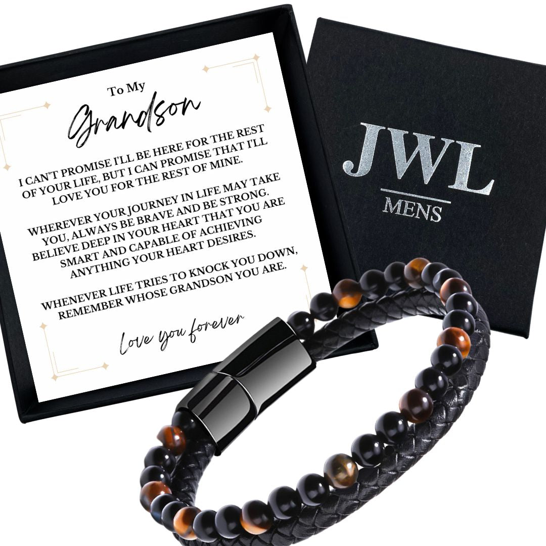 Buy To My Grandson Bracelet 21cm Leather and Tiger’s Eye Bead Bracelet
