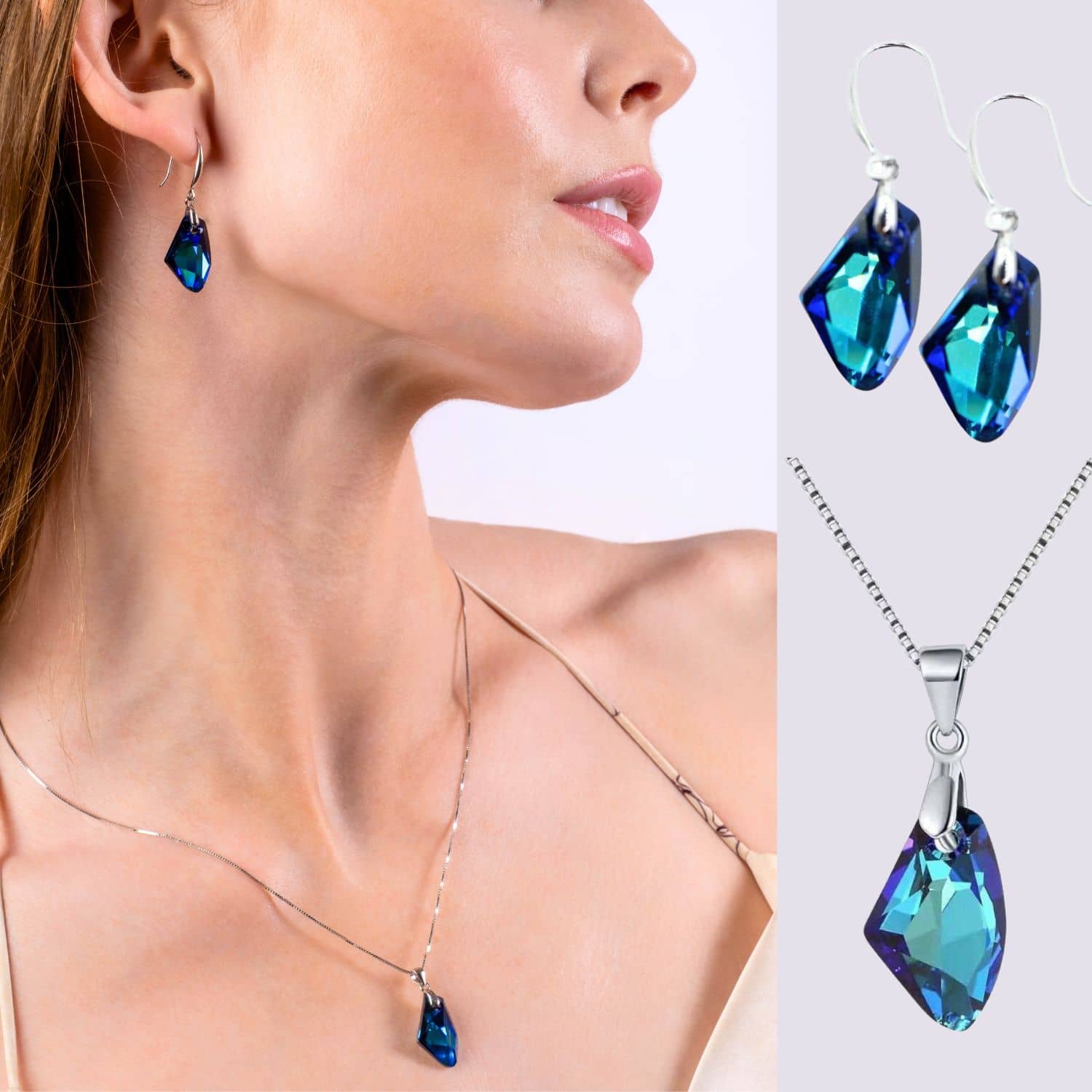 Shimmering Bermuda Blue Crystal Set - Necklace & Earrings - Made with